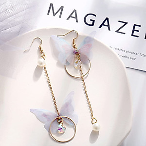 Long Butterfly Chain Tassel Drop Dangle Earrings for Women Asymmetric Butterfly Pearl Circle Pendants Earrings Colored Tulle Butterfly Wings Earrings (Butterfly-1)
