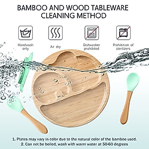 Suction Plates for Baby & Toddler, Bamboo Divided Platter Feeding Dishes with Silicone Fork& Spoon, All-Natural Baby Food Plate Stays for Baby-Led Weaning, Non-Slip Design