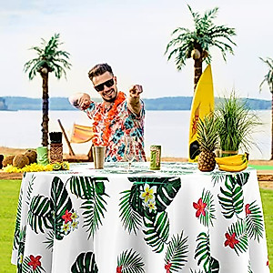 Oudain 3 Pieces Hawaiian Tablecloth 84 Inch Luau Tropical Flower Round Table Cloth Plastic Disposable Palm Summer Table Cover for Beach Birthday Kid Party Decorations Supplies (Fresh Style)