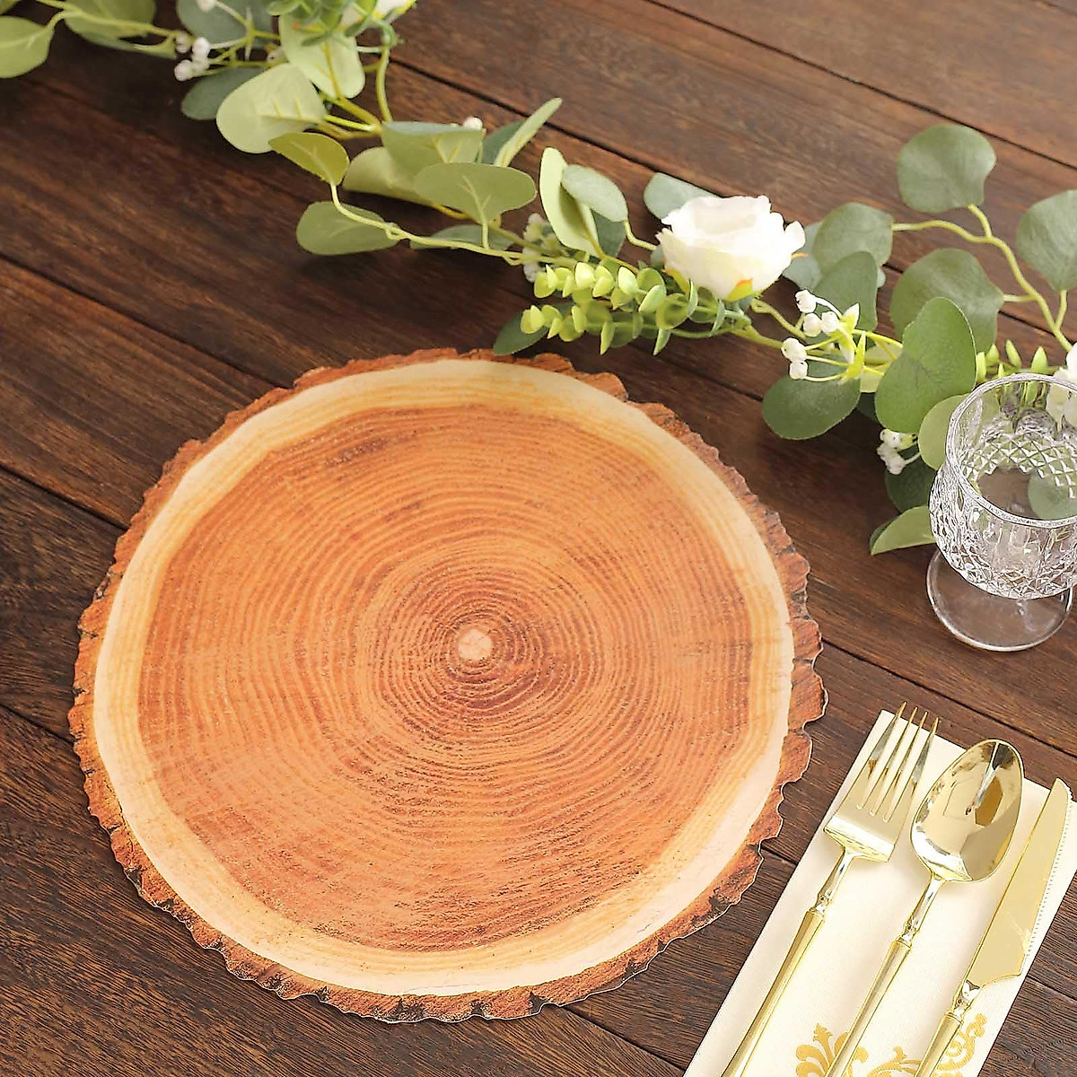 Efavormart 6 Pack | 13" Rustic Natural Wood Slice Design Disposable Serving Trays, Round Farmhouse Paper Charger Plates
