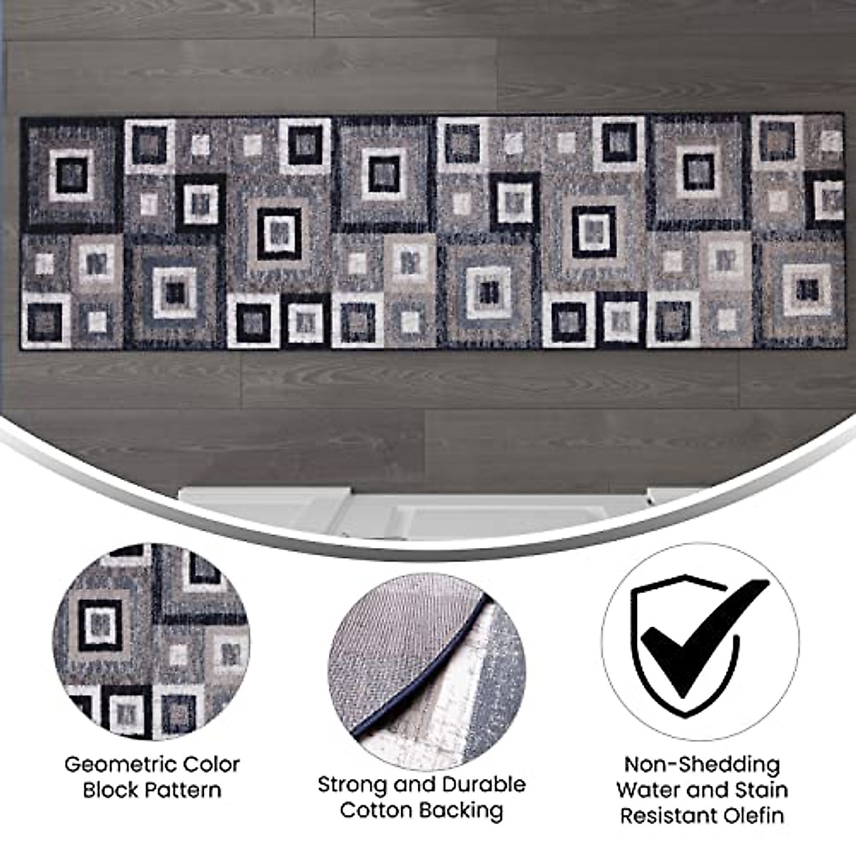Flash Furniture Gideon Collection 2' x 7' Abstract Area Rug - Blue, Grey, and White Olefin Facing - Cotton Backing - Living Room or Bedroom