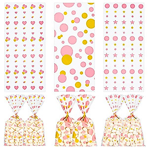 Labeol Cellophane Treat Bags 5x11 Party Favor Bags Candy Bags Goodie Bags Cookie Bags Clear Gift Bags for Valentines Day Birthday Party Wedding Baby Shower Pink Gold