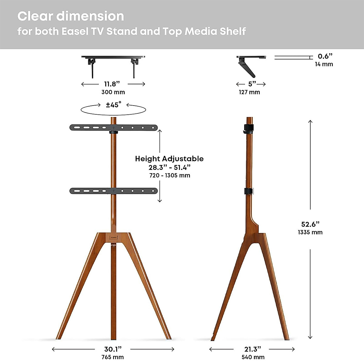 PUTORSEN Premium Wood Easel TV Stand, Adjustable TV Tripod Stand for 45-65 Inch LED LCD Screen, Swivel TV Floor Stand with Top TV Shelf and Magnetic Concealed Cable Management, Max Load 88lbs, Walnut