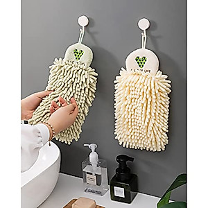 4 Pack Chenille Hand Towel with Hanging Loops, Soft Absorbent Microfiber Embroidery Hanging Hand Towels Plush Quick-Drying Chenille Ball Hand Towels for Bathroom Kitchen (Light Green + Beige)