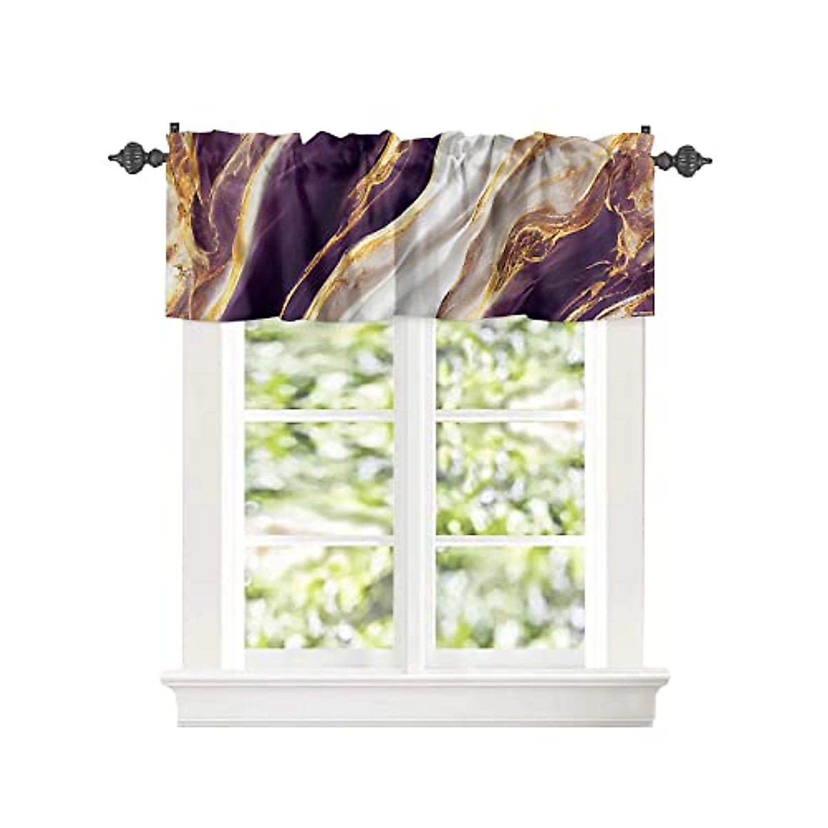 Window Curtain Valances for Kitchen Windows,Purple Gold White Marble Texture Rod Pocket Short Window Valance Natural Cracks Granite Stone Cafe Treatment Valance for Living Room/Bathroom/Bedroom