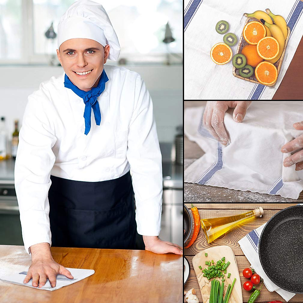 TALVANIA Kitchen Dish Towels 100% Cotton White Flour Sack Tea Cloth with Blue Herringbone Stripe, Pack of 12 Perfect Classic Dish Towel 15” x 25” Dishcloths for Bars Kitchens Counters etc.