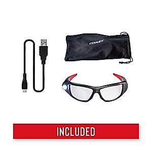 Coast SPG400 Rechargeable Lighted LED Safety Glasses with Built-In Inspection Beam, Scratch Resistant Interchangeable Lenses Black/Red