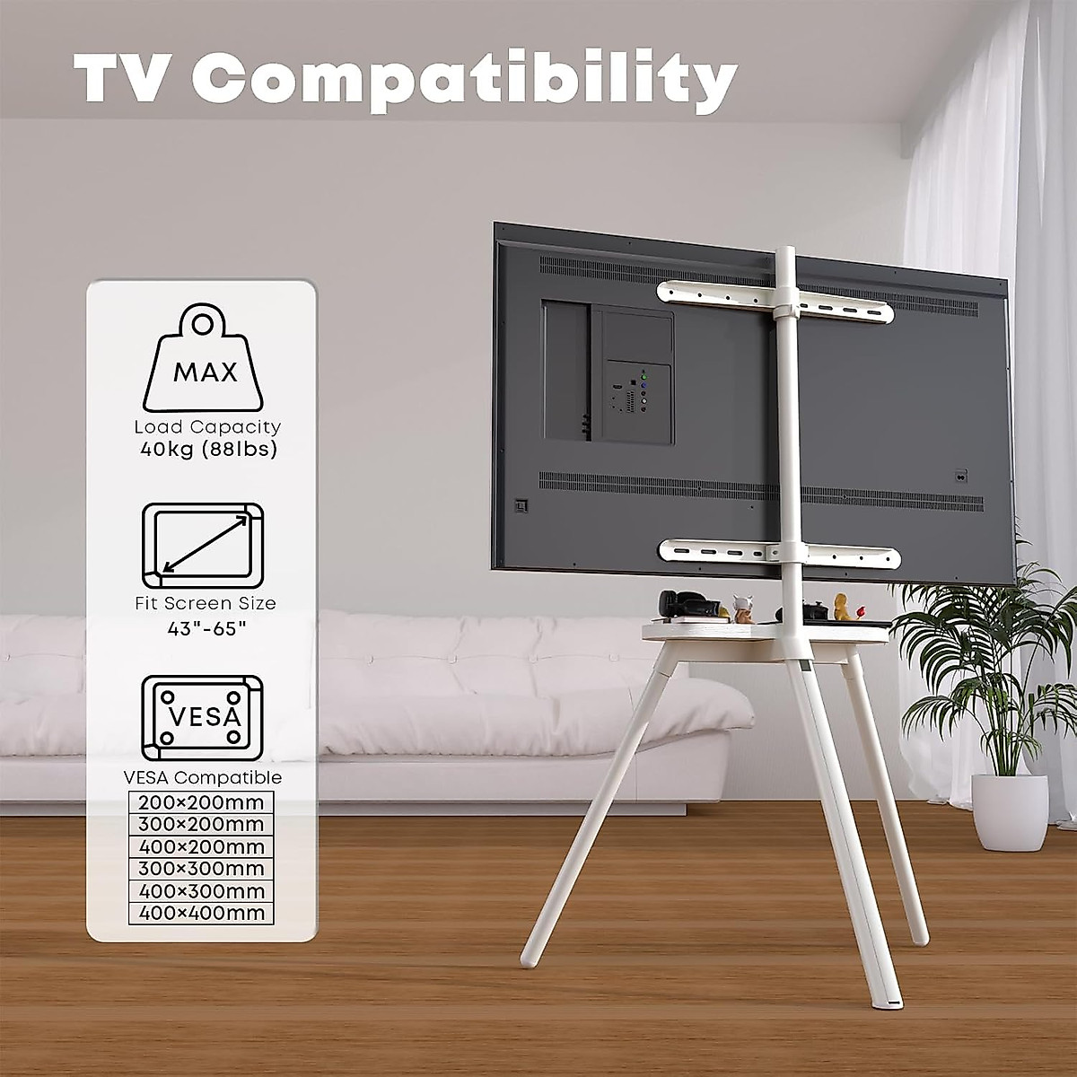 PUTORSEN Easel TV Stand for 43 to 65 inch LED LCD OLED Screens Hold up to 88lbs, Height Adjustable Tripod TV Floor Stand with Shelf/Snap Lock/Anti-Tip Strap, Max VESA 400x400mm, Matte White