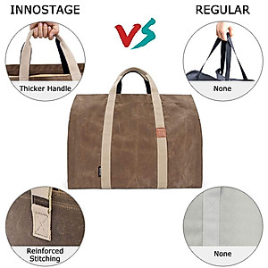 INNO STAGE Free-Standing Firewood Log Carrier Bag - 22 oz Thickened Waxed Canvas Fire Wood Holder Tote with Adjustable Shoulder Strap and Soft Handles for Camping or BBQ Barbecue