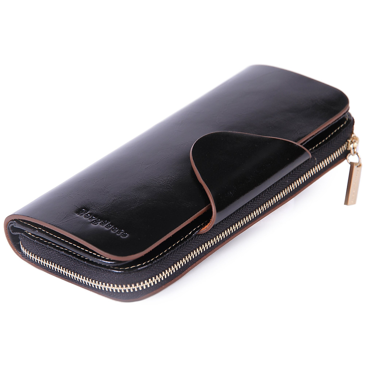 Borgasets RFID Blocking Large Capacity Wax Real Leather Clutch Wallet Card Holder Purse for Women, Black