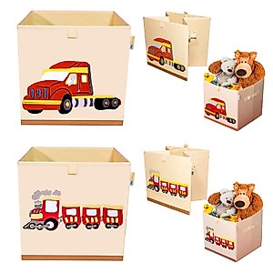 Product 4 Kids - Washable Toy Box Storage Cube, Canvas Toy Chest Organizer Foldable Kids Toy Storage Organizers for Child's Bedroom or Playroom -13x13X13 Inch (Truck+Train)