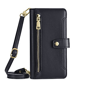 Asuwish Phone Case for Samsung Galaxy A04 Wallet Cover and Tempered Glass Screen Protector Zipper Card Holder Slot Stand Magnetic Leather Cell Accessories Flip Protective Ao4 A 04 4G Women Men Black