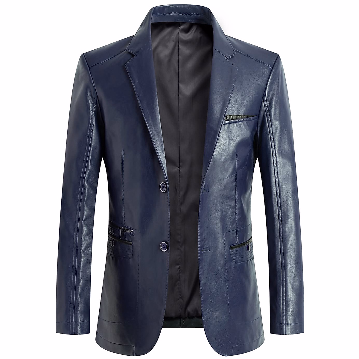 CHARTOU Men's Regular Fit Button Down Lined Business Lambskin Leather Jacket Blazer with Pockets (X-Large, Navy)