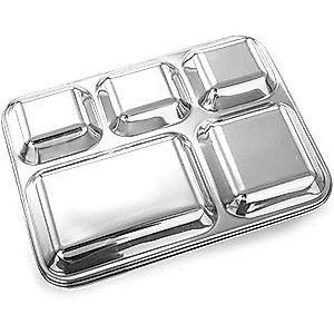Khandekar Pack of 4 Stainless Steel Lunch Plate, 5 Compartment Thali, Food Divided Plates, Dinner Plate Set, Outdoor Camping and Everyday Use