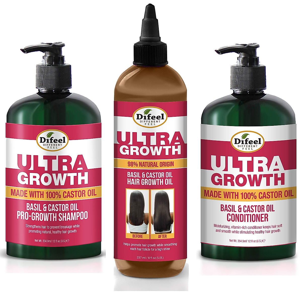 Difeel Ultra Growth 3-PC Set: Shampoo 12 oz, Conditioner 12 oz & Hair Oil 8 oz
