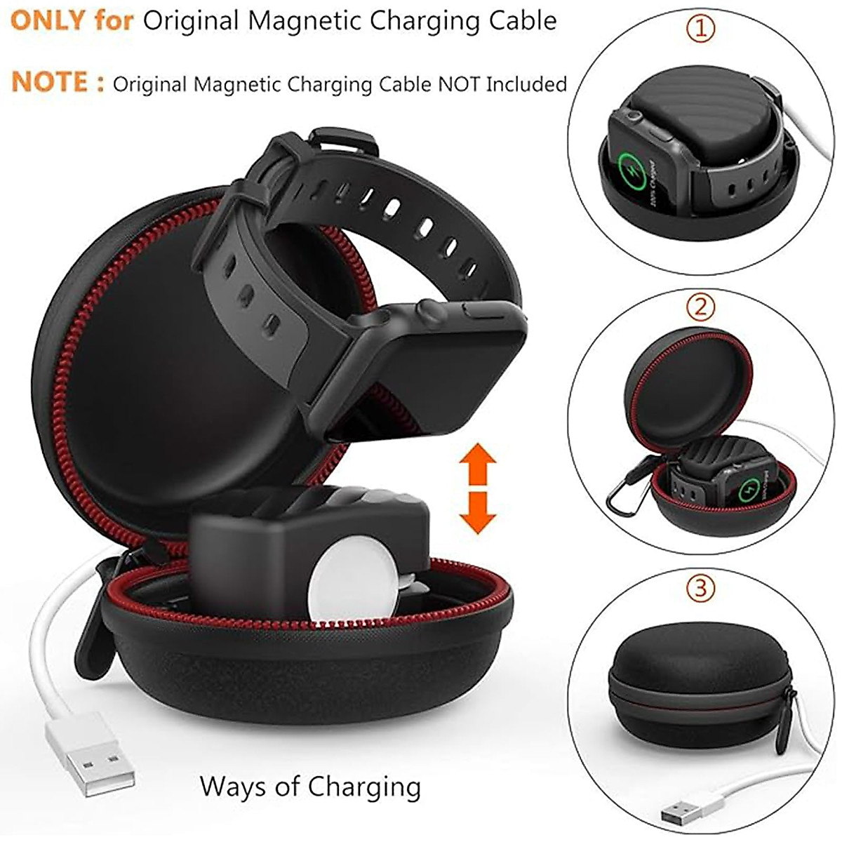 HALLEAST Travel Case for Apple Watch Charger, Portable Carrying EVA Charging Dock Holder for 42mm 44mm 45mm 46mm iWatch Series 10/9/8/SE2/7/SE/6/5/4/3/2/1, with Night Stand Mode, Black