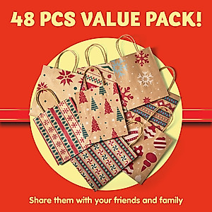 JOYIN 48 PCS Christmas Gift Bags, Kraft Bags with Handle Christmas Characters for Christmas Party Favors, Gift Giving, Holidays Decorations, Xmas Treat Bags