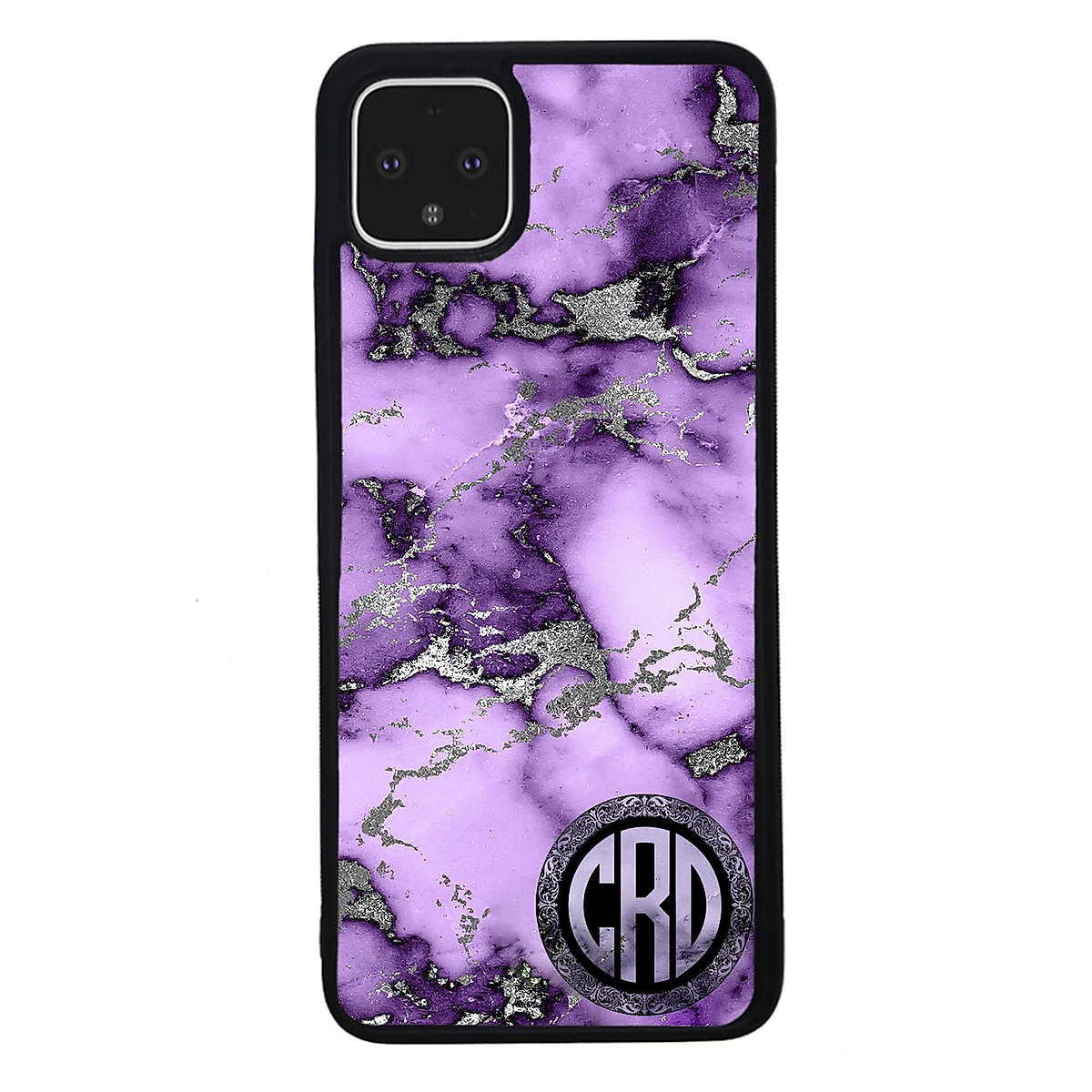 Purple and Silver Marble Monogram Black Rubber Phone Case Compatible With Google Pixel 8 Pro, 8a, 8, 7a, 7, Pixel 7 Pro, 6a, Pixel 6 Pro, 6, 5, 4a 5G, 4a 4G, 4, 4 XL, 3a, 3a XL, 3, 3 XL, 2 XL, 2