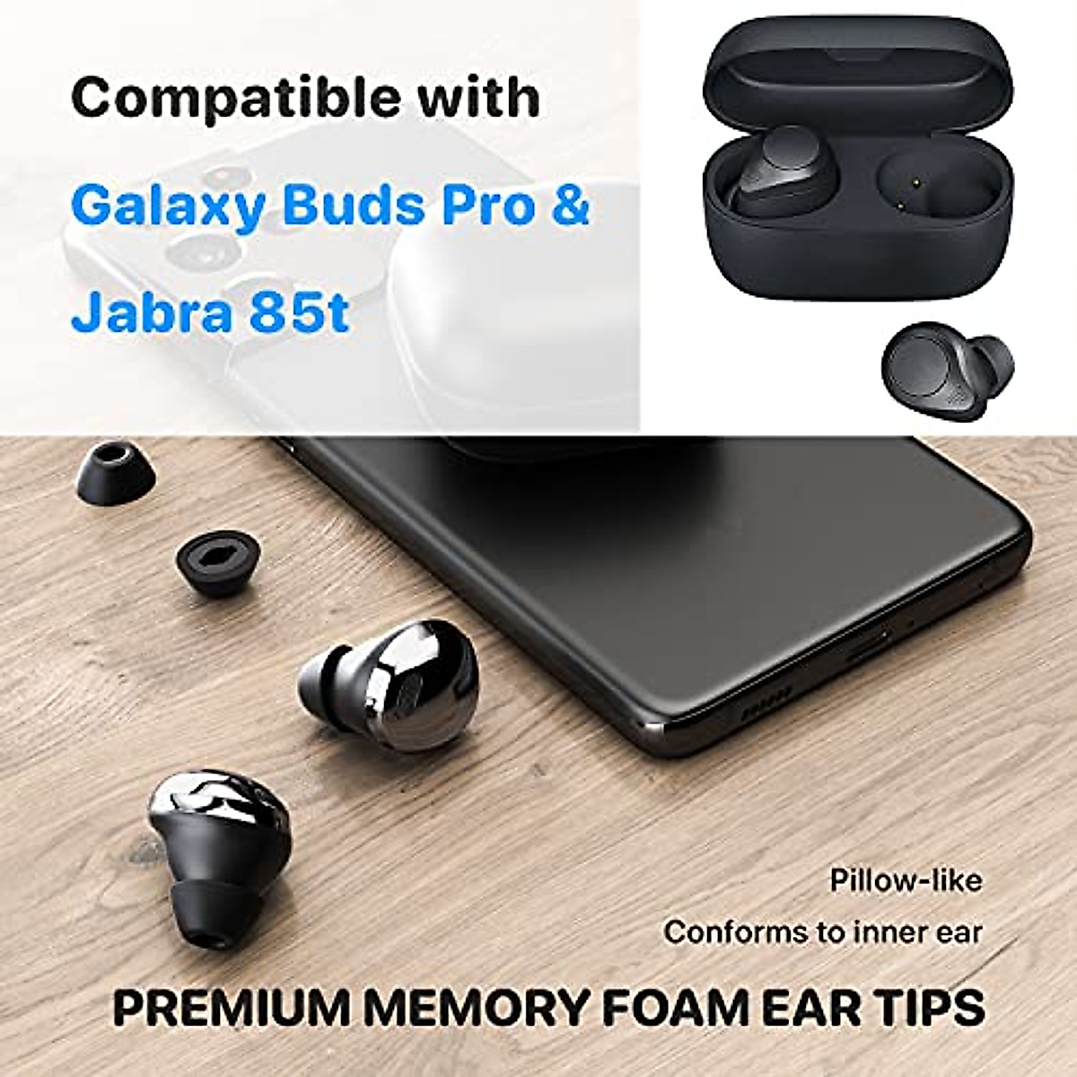 CharJenPro Memory Foam Ear Tips and Wax Guard for Galaxy Buds Pro and Jabra 85t. No Silicone Ear Tip Pain. Fits in Case. Ear Tips for Galaxy Buds Pro Foam Ear Tips Replacement.