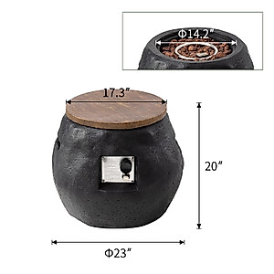 COSIEST Outdoor Propane Fire Pit w 23" Faux-Stone Base, Jar Shaped Fire Table w 40,000 BTU Stainless Steel Burner, Free Lava Rocks, Faux-Wood lid, Waterproof Cover for Coffee Table, Stool (Black)