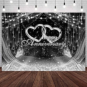 AIBIIN 7x5ft Black and Silver Happy Anniversary Backdrop Silver Glitter Wedding Anniversary Bridal Shower Photography Background Cheers to Wedding Miss to Mrs Party Decorations Banner