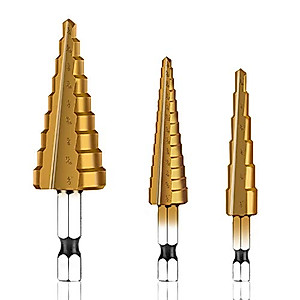 HSS Step Drill Bit Set - 3PCS 1/4" Hex Shank Titanium Coated High Speed Steel Hole Drill Cone Bits Stepped Up Unibit for Sheet Metal Hole Drilling Cutting Hole (1/8 Inch - 3/4 Inch)