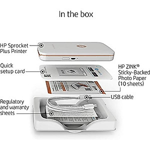 HP Sprocket Plus Instant Color Photo Printer, Print 30% Larger Photos on 2.3x3.4 Sticky-Backed Paper – White (2FR85A)