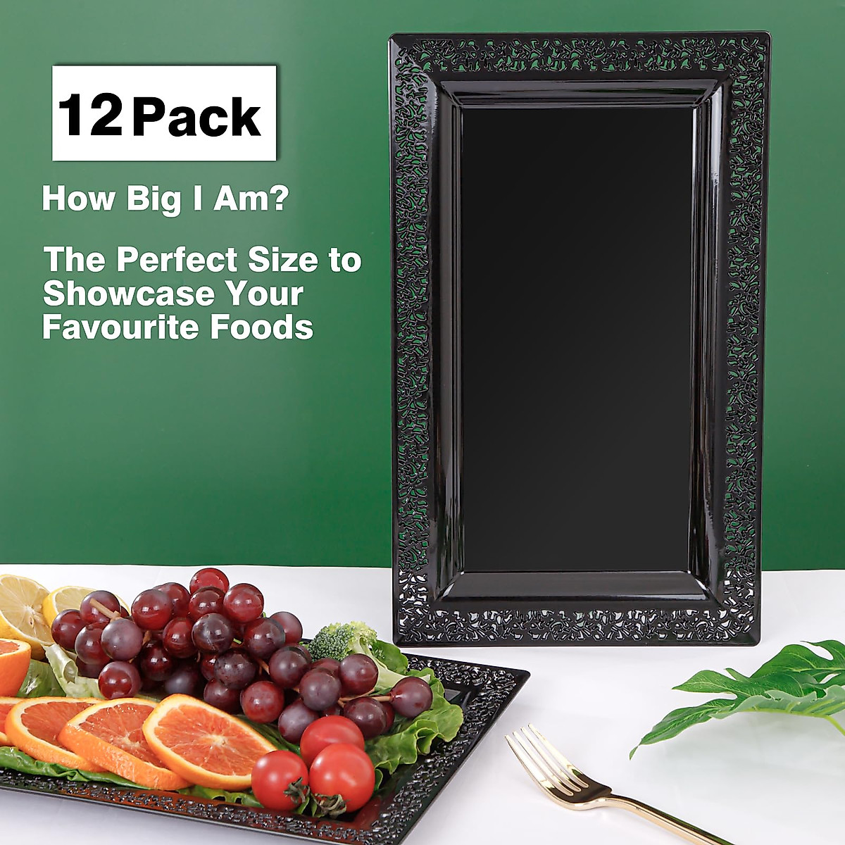 Rubtlamp 12 Pcs Black Plastic Food Serving Trays - 13 X 8 inch Party Serving Trays and Platters - Black Serving Tray - Disposable Serving Party Platters- Black Serving Platter Tray for Halloween,party