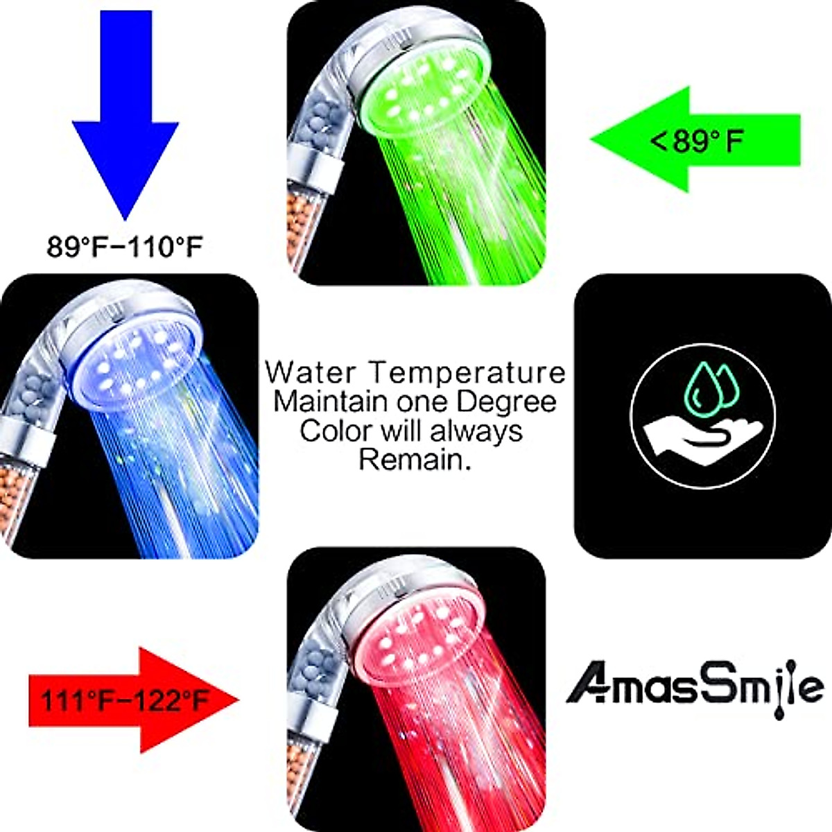 AmasSmile® LED Shower Head with Hose and Bracket - Color Changes with Water Temperature Filter Filtration High Pressure Water Saving Handheld Showerheads for Dry Skin & Hair