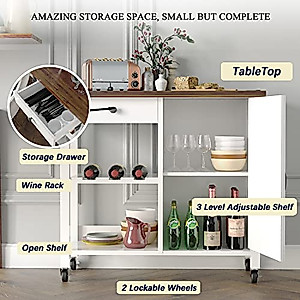 4 EVER WINNER Kitchen Island Cart on Wheel with Storage, 31" Farmhouse Island Table with Storage Drawer & Cabinet, Adjustable Shelf, Wine Rack,Rolling Small White Kitchen Coffee Cart for Dining Room