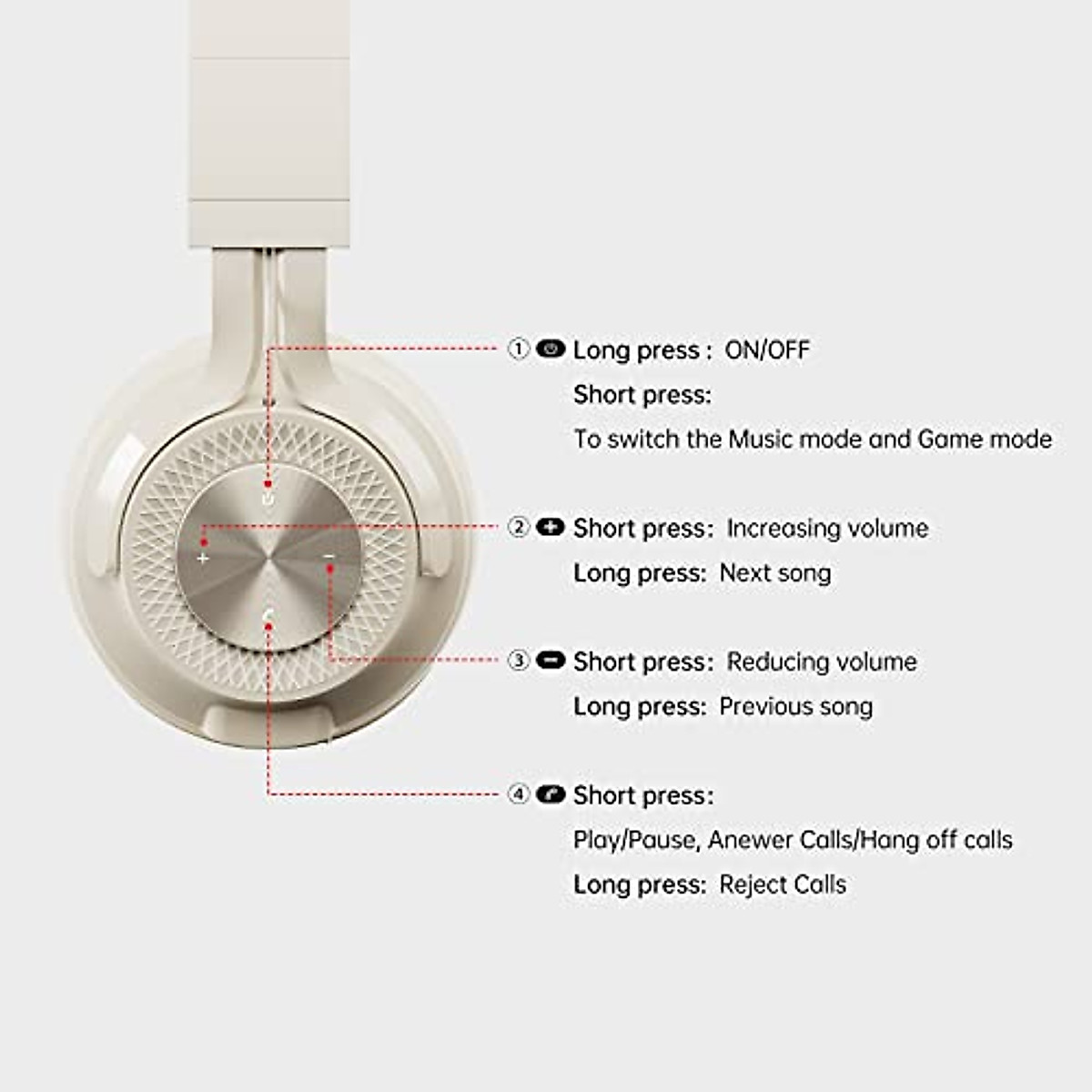 FINGERTIME Bluetooth Headphones Over-Ear, 60H Playtime and with Low Latency Wireless Headphones with Microphone, HiFi Stereo Foldable Lightweight Headset, Deep Bass for Home Office (Beige)