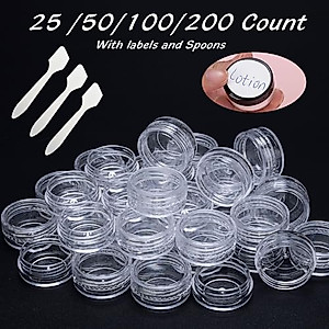 25 Count 3 Gram Sample Containers, Clear Lip Balm Containers with Lids, Small Plastic Sample Jars with 2 Mini Spoons, 25pcs Labels (Clear Lid)