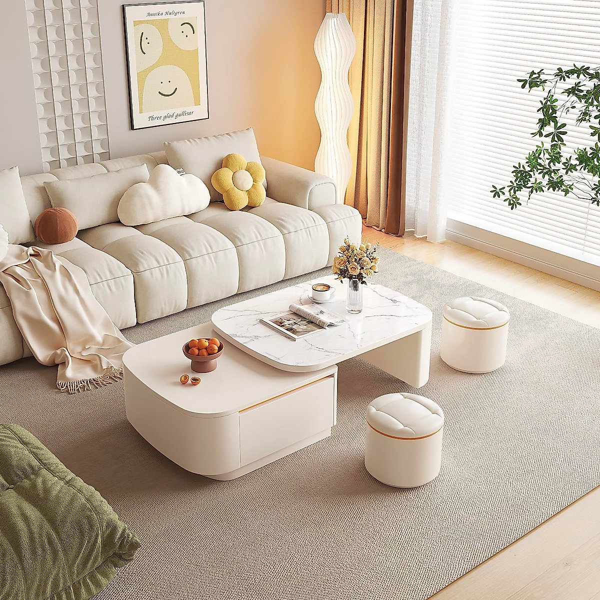 GraceNook Extended Oval Coffee Table with 2 Pu Leather Stools Set, Length Extend from 35"- 54", Nesting Coffee Table 3 Sets with Faux Marble Surface, Center Table with 2 Drawers for Living Room