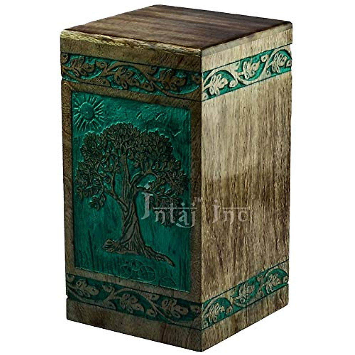 INTAJ Cremation Urn for Human Ashes - Wooden Urn Box for Ashes Handcrafted - Tree of Life Memorial Urn Funeral Cremation Urns (L(11.25x6.25) 250Cu, Teal Green)