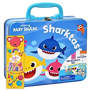 Baby Shark Coloring and Activity Tin Box for Kids Includes Baby Shark Mess Free Crafts with Crayons Stickers Sketch Pad Color Kit in Tin Box for Toddler Boys and Girls, Gift Boutique Bookmark Included
