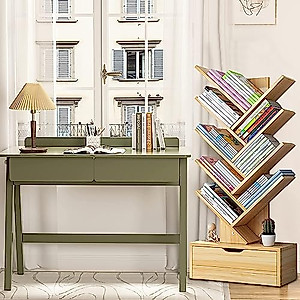 8 Tier Book Shelf 48 Inches Tall with Drawers, Kids Wood Bookshelf Modern Open Narrow for Books and Plants Display, Creative Tree Shape Etagere Bookcase for Bedroom, Living Room, Classroom Wooden Col