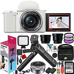 Sony ZV-E10 Mirrorless Camera Vlogger Kit with 16-50mm F3.5-5.6 Lens ILCZV-E10L/W White Bundle with ACCVC1 Including GP-VPT2BT Grip + Filters + Wide & Telephoto Lenses + Deco Gear Case & Accessories