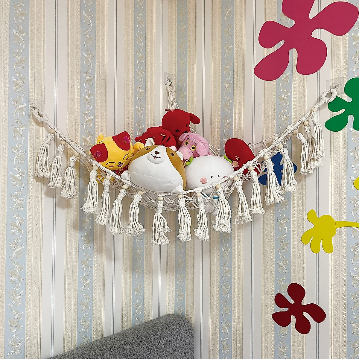 MACAJICHO Stuffed Animal Hammock, Toy Hammock Stuffed Animal Net with Macrame, Kids Toy Organizer Hanging Net for Stuffed Animals Boho Decor for Kids Room, Play Room, Bedroom