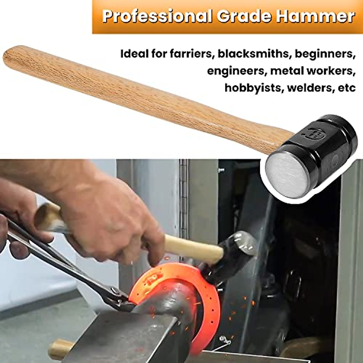 36 oz Rounding Hammer Blacksmith Bladesmith Forge Engineer Drilling Hammer Handmade Knife Making Metal Working Forging Farrier Tool Flat Round Face with Wooden Handle Steel Head