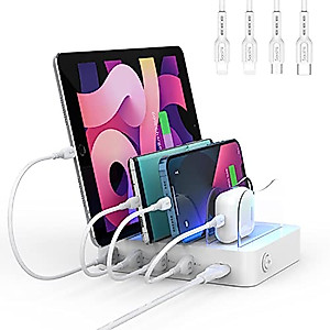 SooPii Charging Station for Multiple Devices, 4-Port Charger Station with 4 Mixed Charging Cables Included,for Home,Office,Travel
