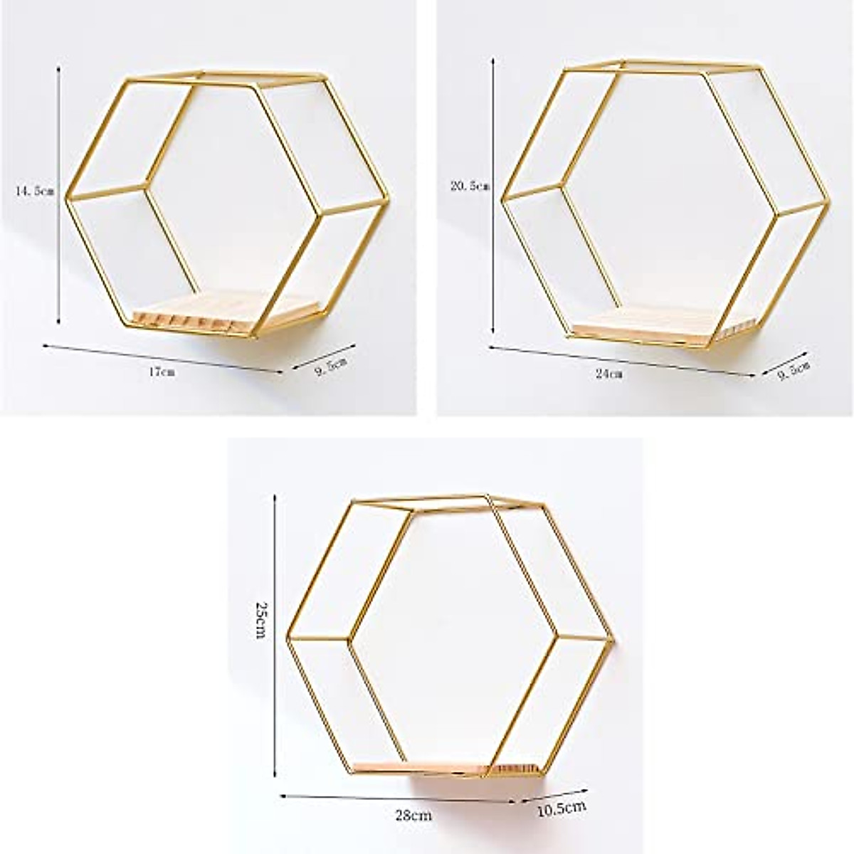 ＫＬＫＣＭＳ 3X Nordic Style Hexagon Honeycomb Floating Wall Shelf Display Iron Hanging Storage Rack Holder for Home/Office Bathroom Kitchen Room , Gloden