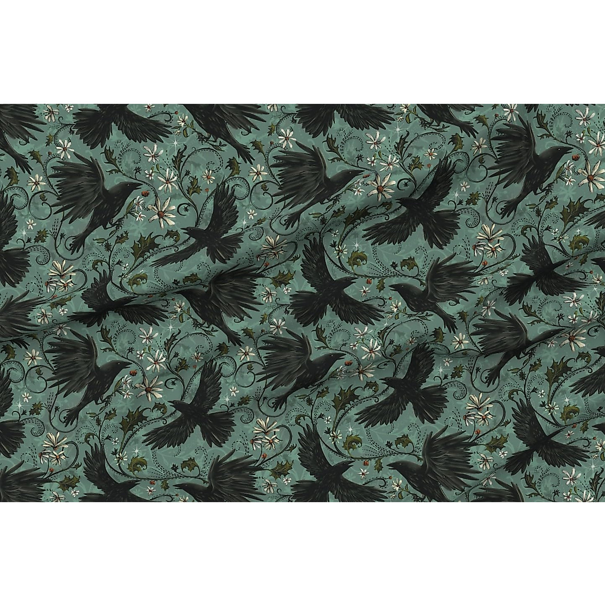 Spoonflower Fabric - Gothic Ravens Autumn Floral Halloween Bohemian Magic Dark Moody Corvid Printed on Denim Fabric by The Yard - Bottomweight Apparel Home Decor Upholstery