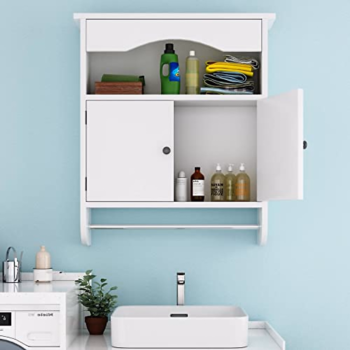 LUCYPAL Bathroom Cabinet Wall Mounted with Doors, Wooden Hanging Cabinet, Bathroom Cabinet with Towel Bar Over The Toilet, Bathroom Wall Cabinet White