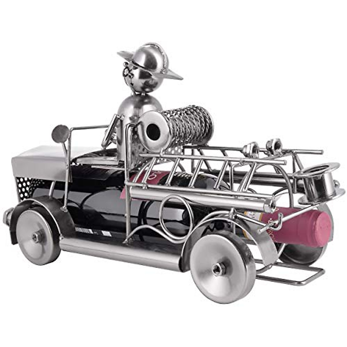 BRUBAKER Wine Bottle Holder 'Fire Engine' - Table Top Metal Sculpture - with Greeting Card