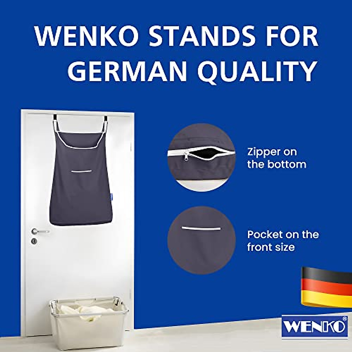 WENKO Laundry Hamper Bag Hanging, Over The Door Basket with Hooks for Bathroom, Closet, Space Saving Storage, Wall Mounted, 3.94 x 20.47 x 31.89 in, Gray