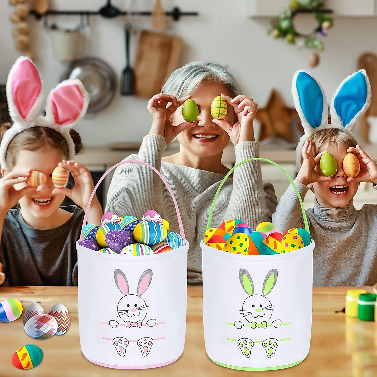 6 Pack Easter Egg Hunt Basket for Kids Bunny Canvas Tote Gifts Bags Eggs Candy & Gifts Carry Bucket Easter Baskets Bunny Bags Canvas Rabbit Fluffy Tail Basket Buckets Easter Egg Hunt Party Decorations