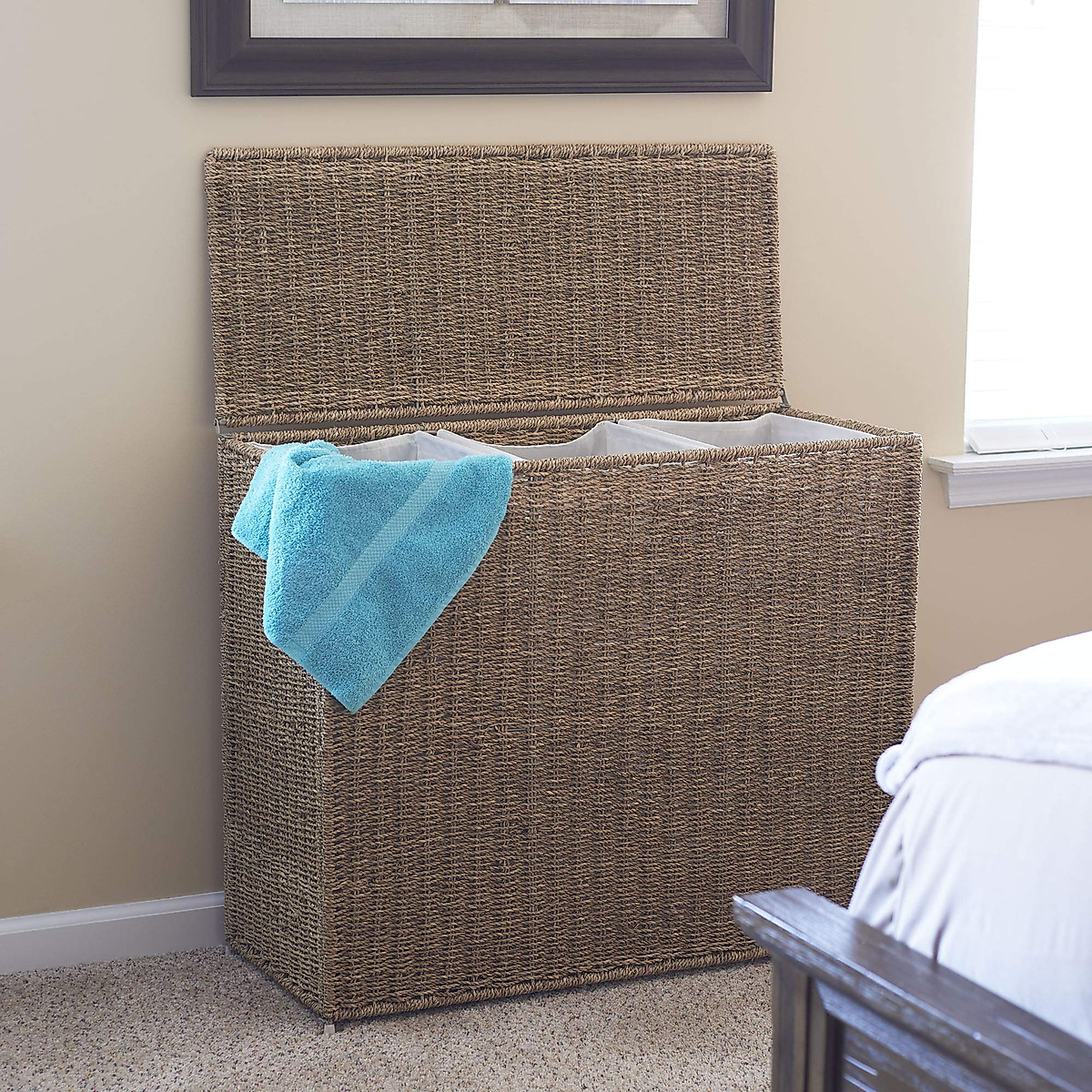 Household Essentials Brown ML-5445 Wicker 3 Compartment Laundry Sorter with Lid | 3 Section Clothes Hamper