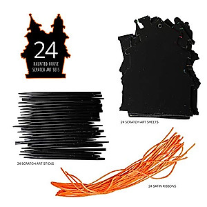 Halloween Magic Scratch Crafts for Kids and Adults - DIY Halloween Decorations - Haunted House Arts and Crafts Ornaments - Includes 24 Haunted House Ornaments, 24 Scratch Sticks, 24 Satin Cord Ribbons
