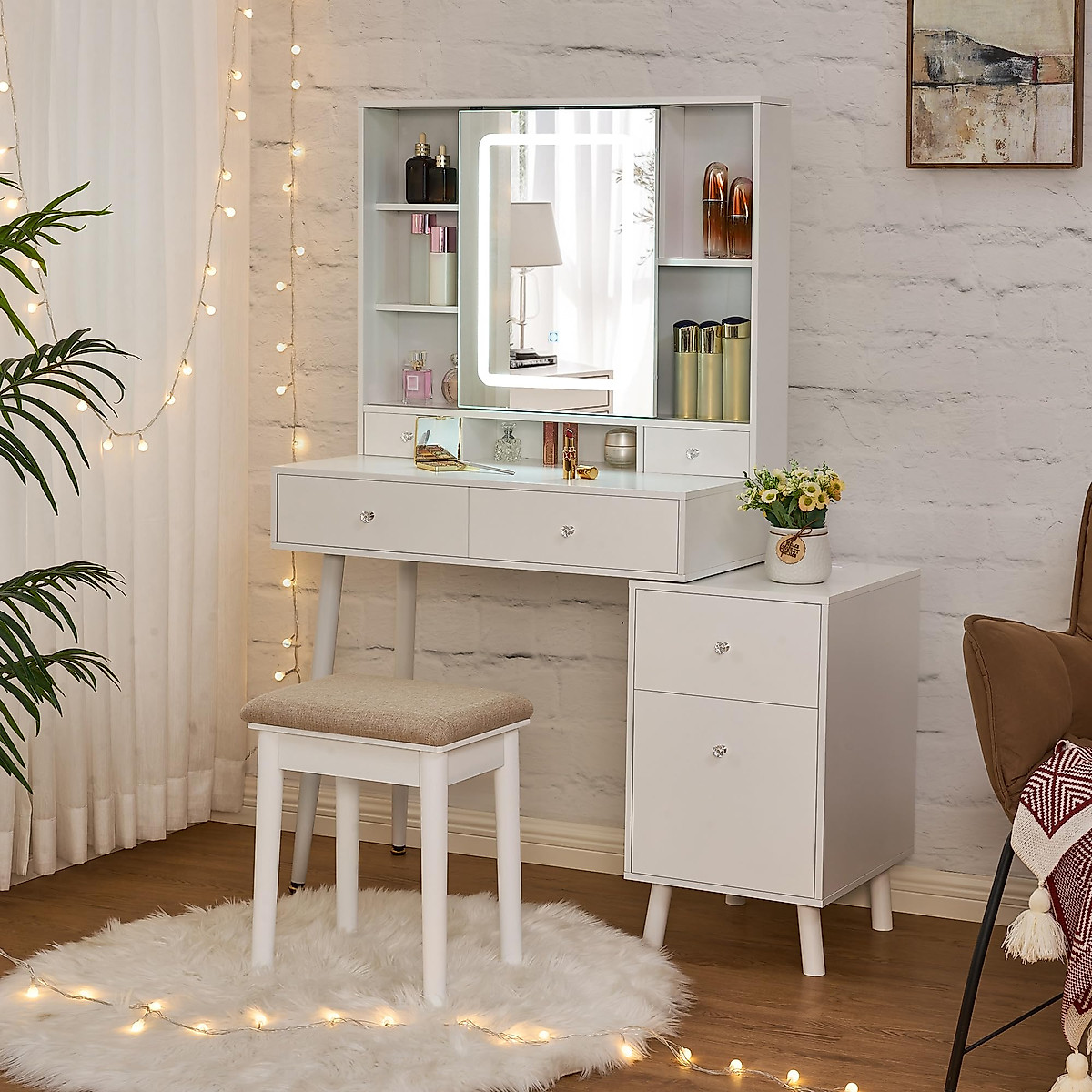 BEWISHOME Vanity Desk, White Vanity with Charging Station & Nightstand, Makeup Desk Makeup Vanity with Lights with 3 Colors Modes, Makeup Table Vanity Table with Sliding Mirror Dressing Table FST19W