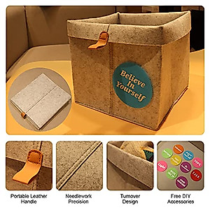 MILILOVE 4Pcs Felt Storage Basket 9x9x10 inch Cube, Fabric Cloth Storage Bin, Collapsible Organizer Basket with Handle for Cloth Toys Underwears Bedroom Playroom Office (with free decorations)